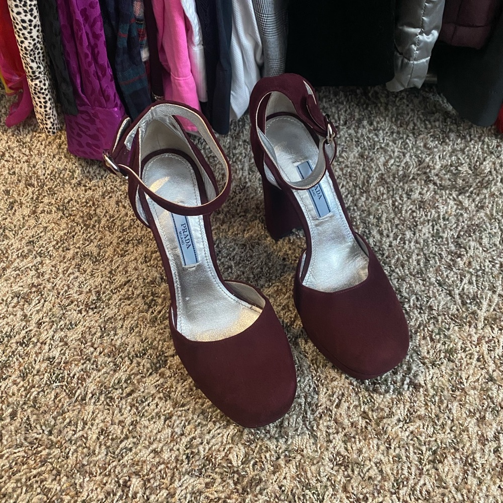 Burgundy Suede Prada Platform Heels - Gem
